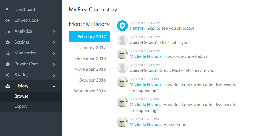 Browsing chat history in the dashboard — Chatroll Support Browsing chat history in the dashboard — Chatroll Support