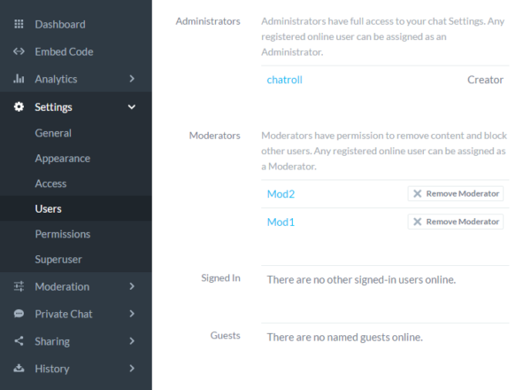 Removing administrators and moderators — Chatroll Support